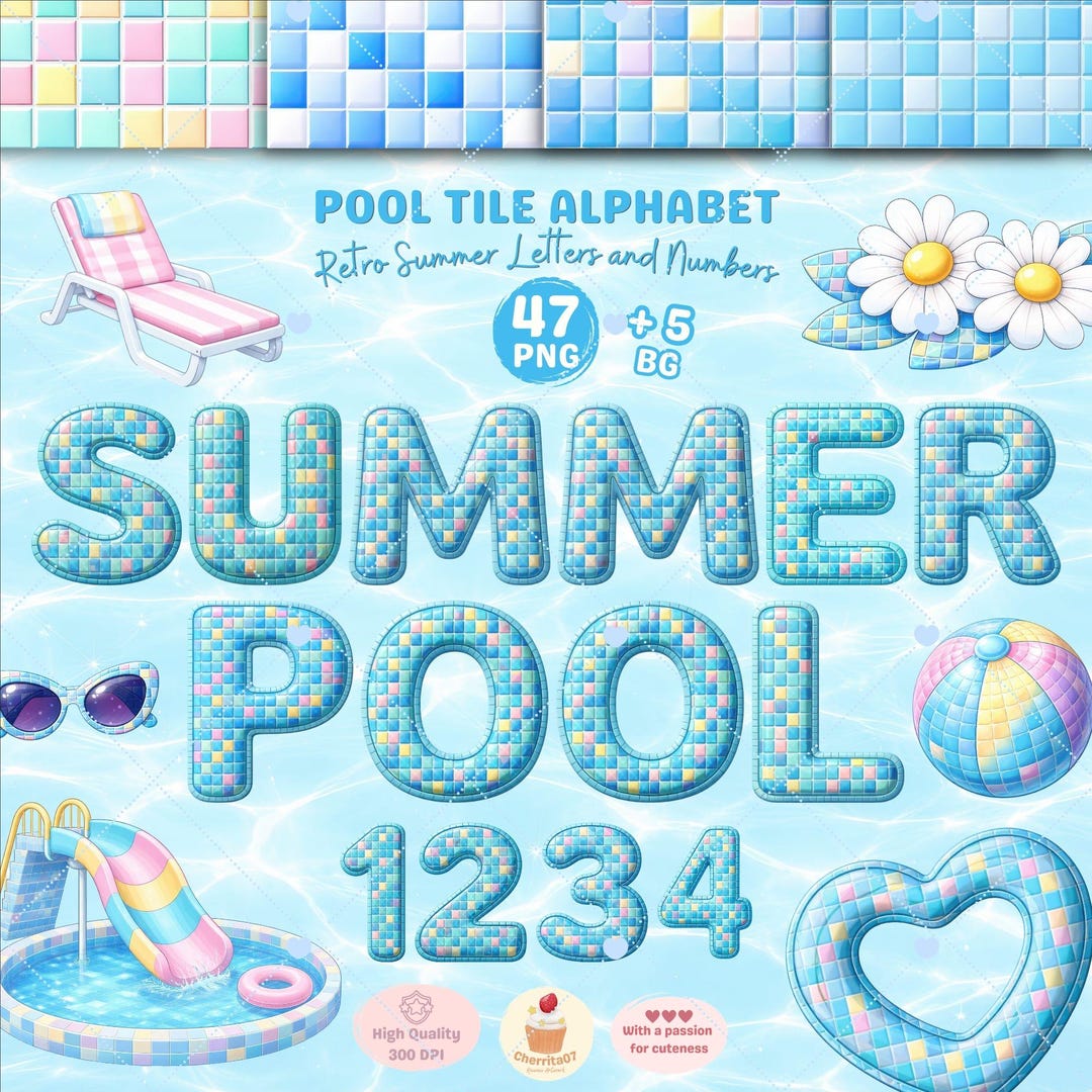 Pool Tile Alphabet Clipart, Retro Mosaic Letters PNG, Summer Numbers ...