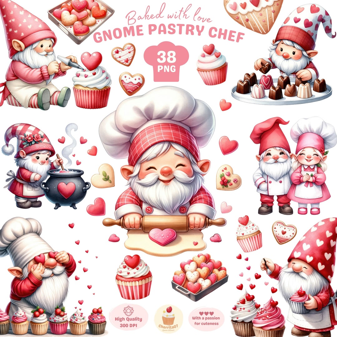 Gnome Pastry Chef Clipart, Baked With Love PNG, Gnome PNG, Valentines ...