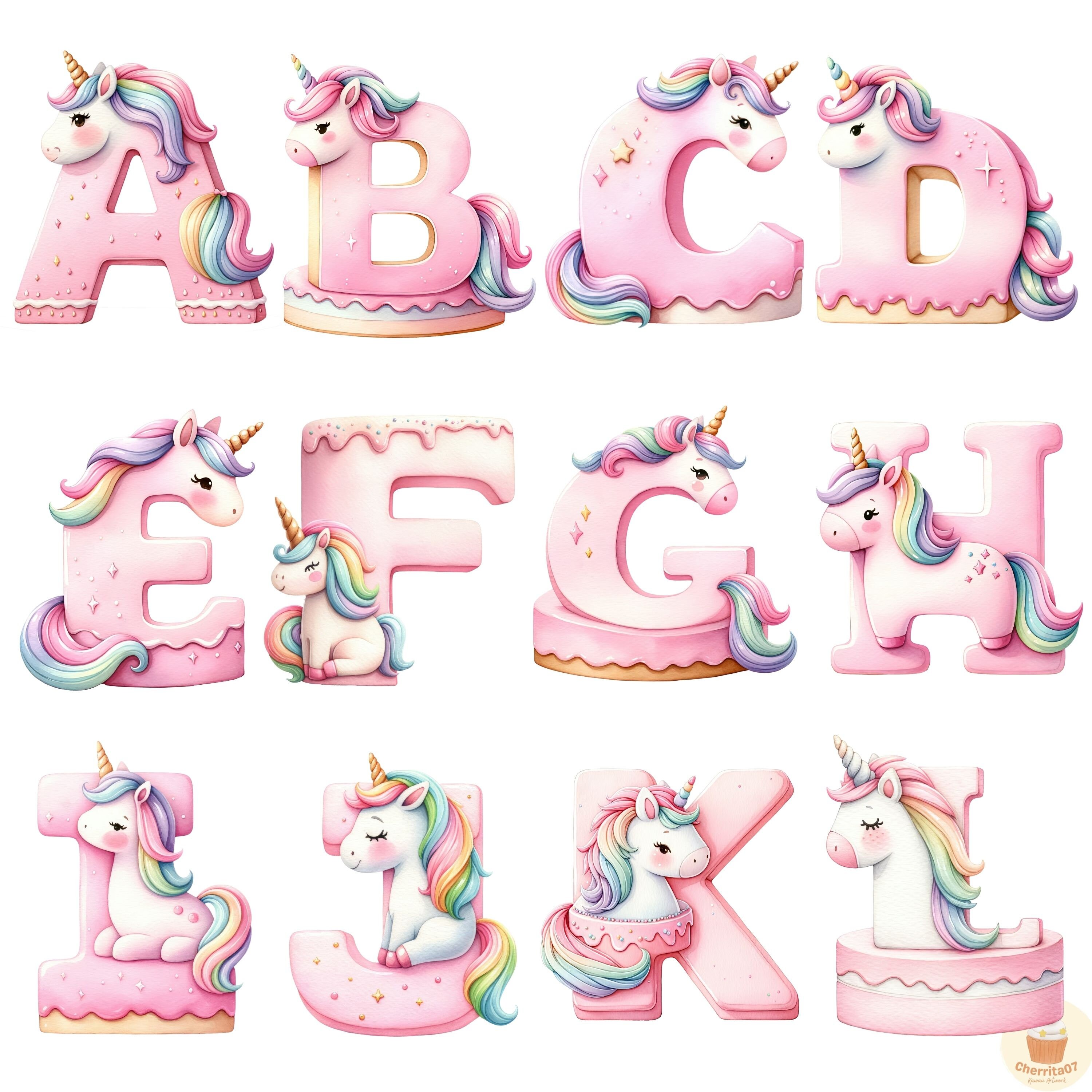 Unicorn Alphabet Clipart, Cake Letter PNG, Unicorn Clipart, Alphabet ...