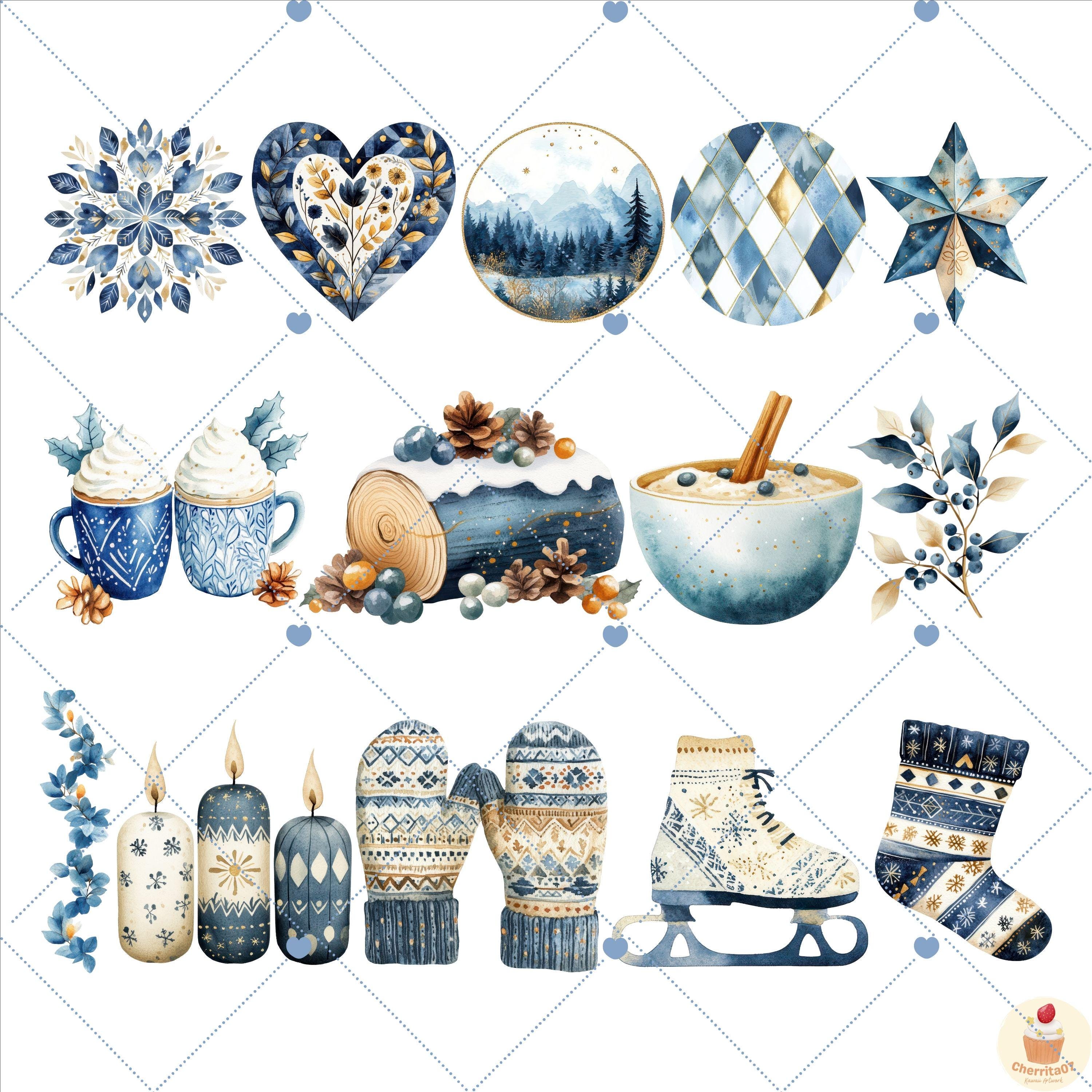 Scandinavian Christmas Clipart, Watercolor Christmas, Blue Winter ...