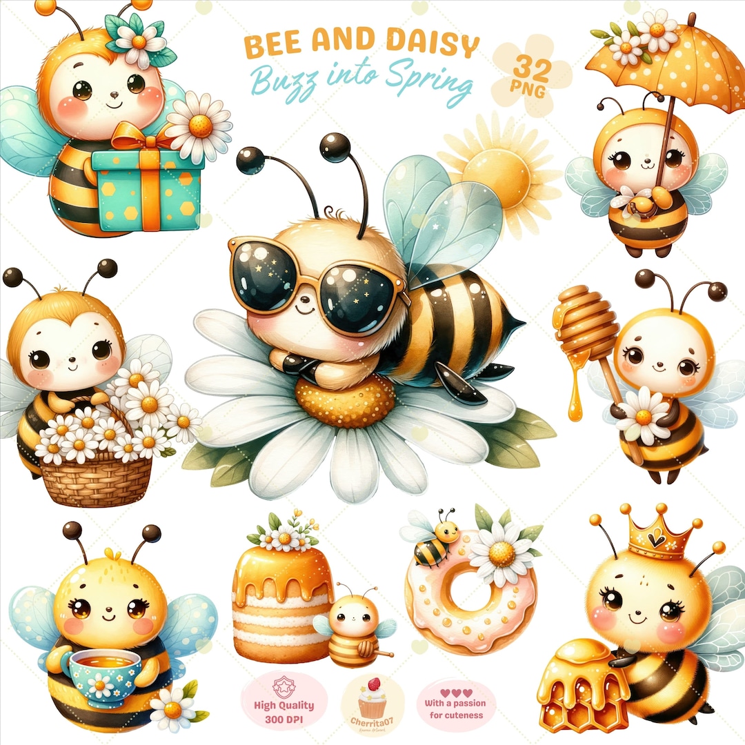 Honey Bee Clipart, Bee and Daisies PNG, Daisy Floral PNG, Watercolor ...