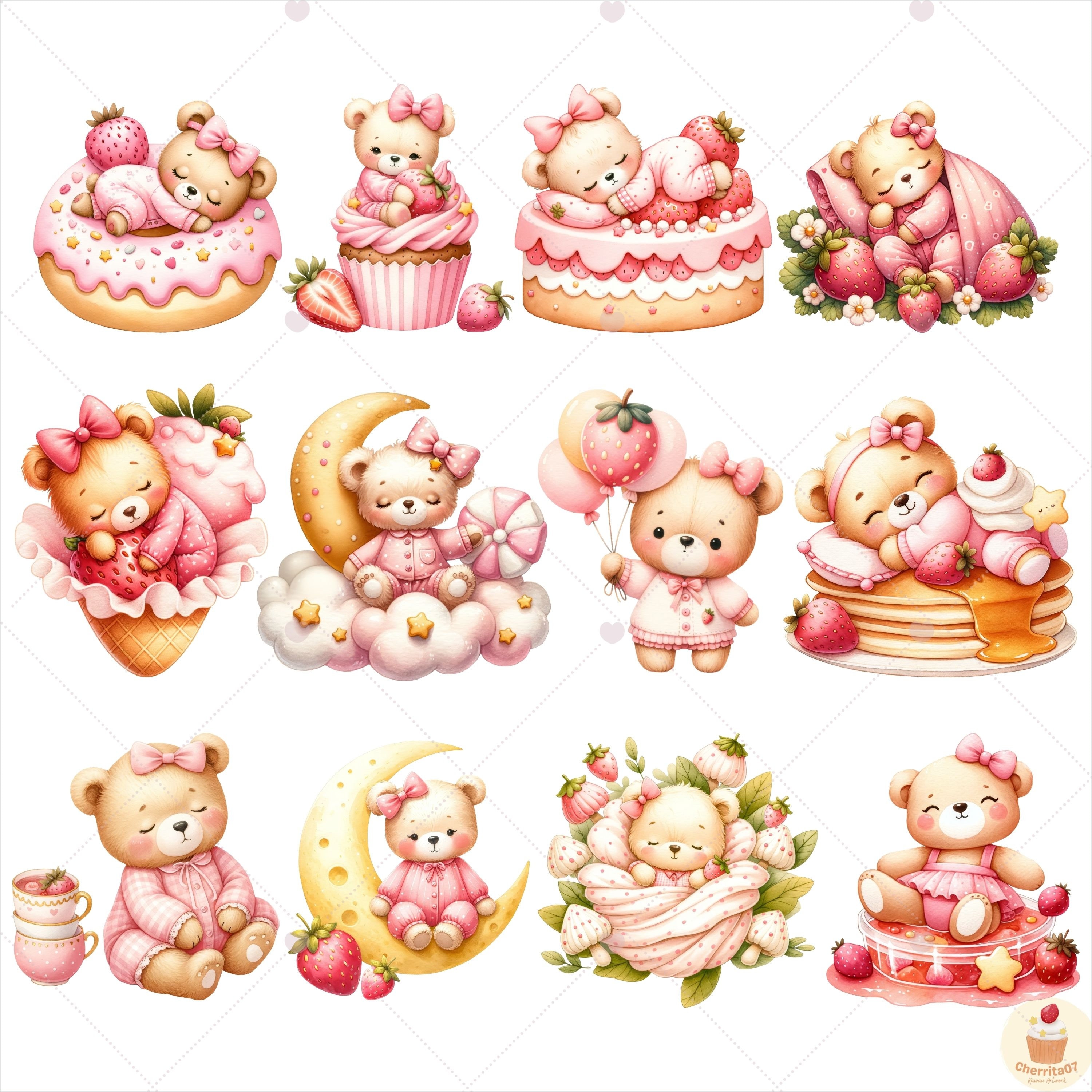 Cute Baby Bear Girl Clipart, Baby Bear Png, Strawberry Dessert Png ...