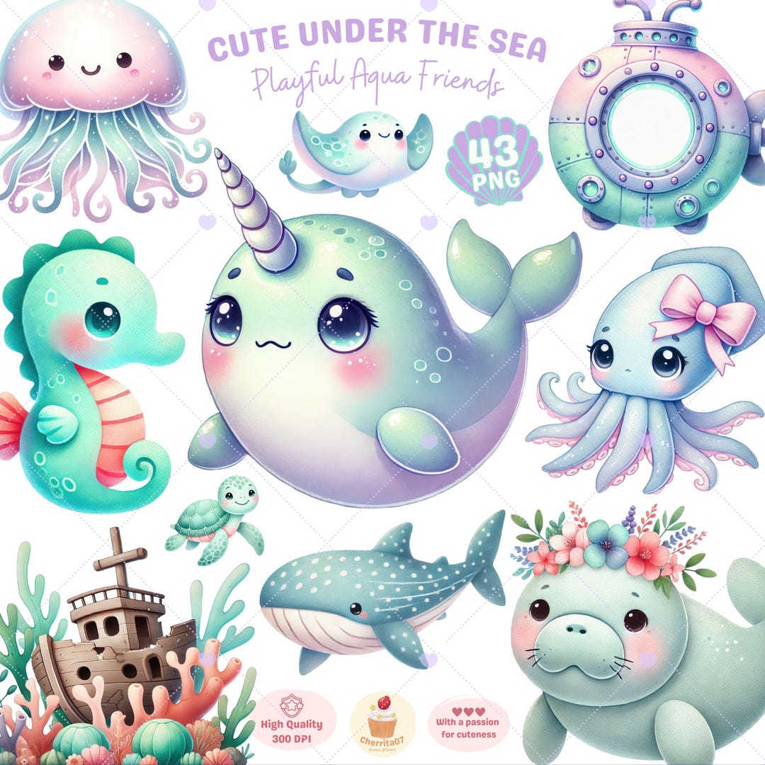 Under the Sea Clipart, Ocean Animal Png, Pastel Sea Life Clipart, Whale ...