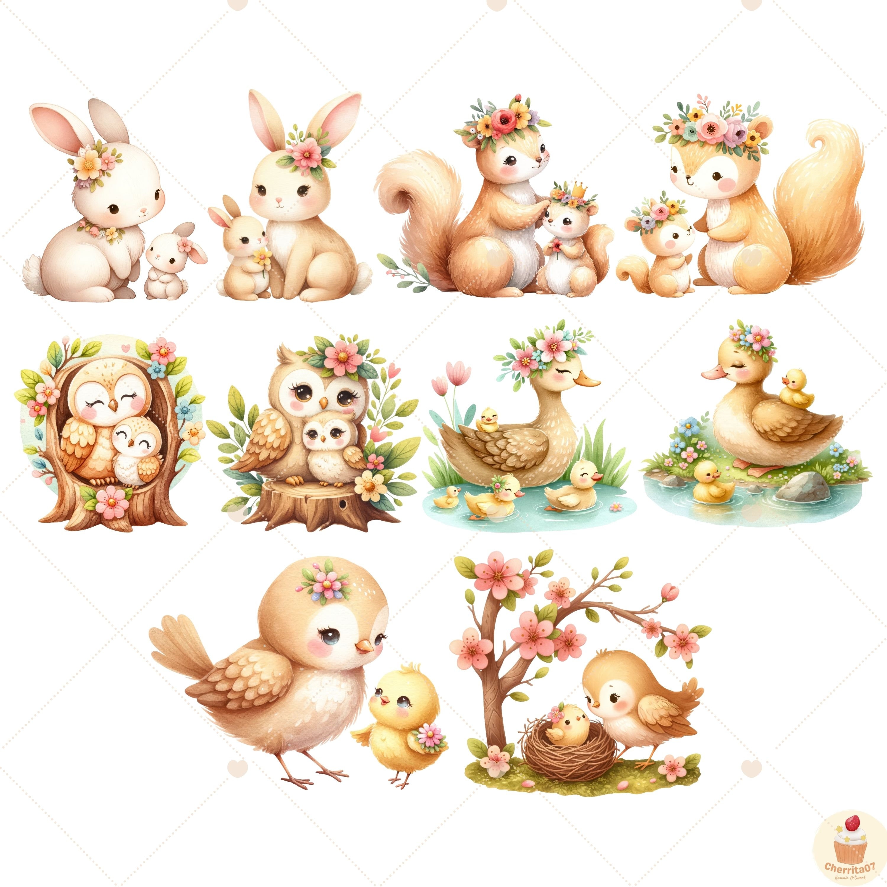 Mama and Baby Animal Clipart, Cute Woodland Animals PNG, Mother's Day ...
