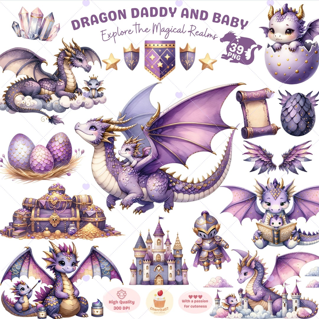 Dragon Daddy and Baby Clipart, Fathers Day Clipart, Dragon Png, Fantasy ...