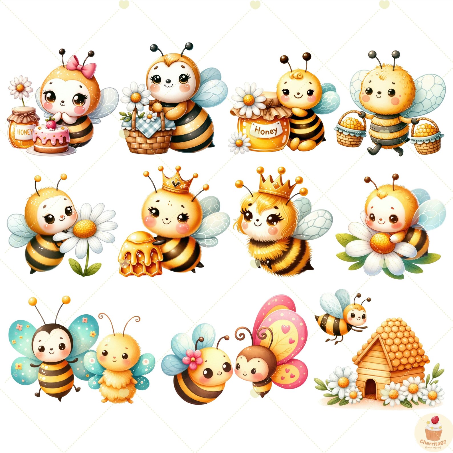 Honey Bee Clipart, Bee and Daisies PNG, Daisy Floral PNG, Watercolor ...