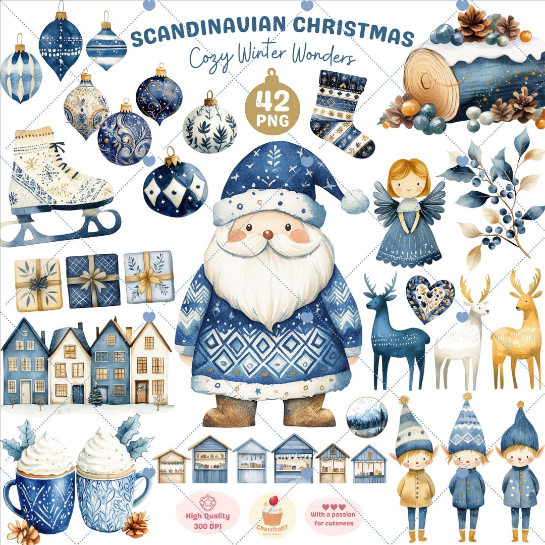 Scandinavian Christmas Clipart, Watercolor Christmas, Blue Winter ...