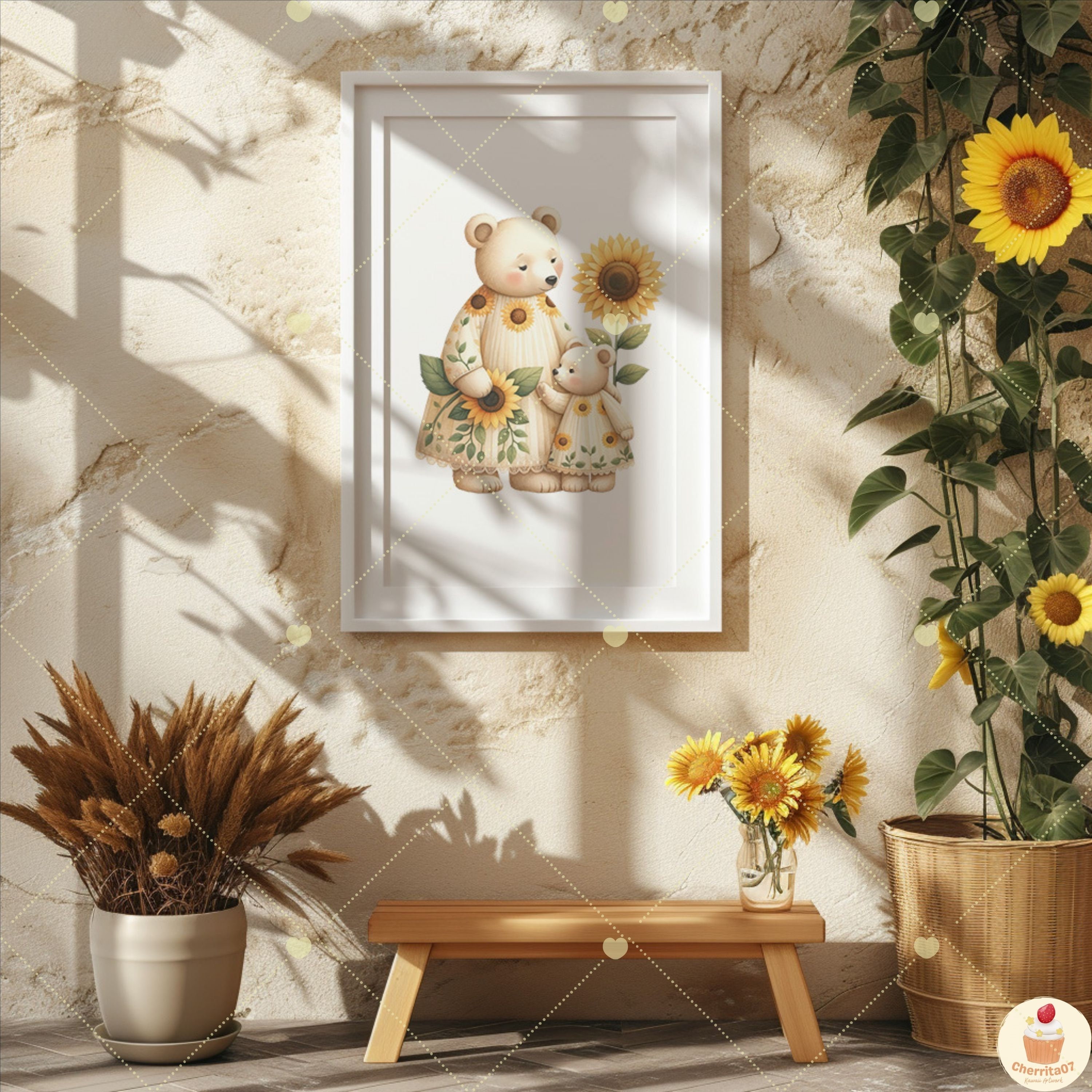 Sunflower Baby Bear Clipart, Mama Bear PNG, Cute Teddy Bear, Spring ...