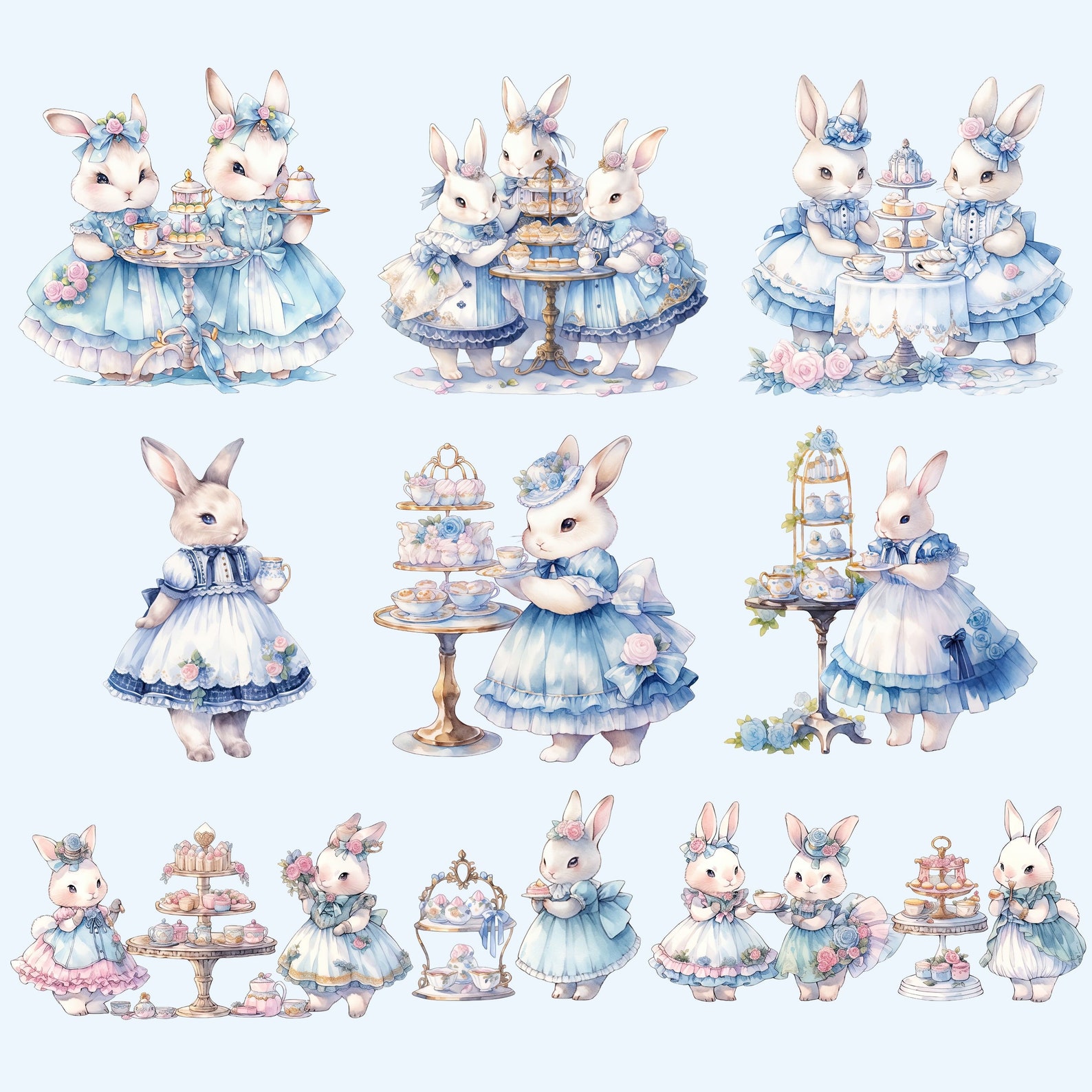 Bunny Tea Party Clipart, Spring Bunnies, Watercolor Easter Rabbit PNG ...