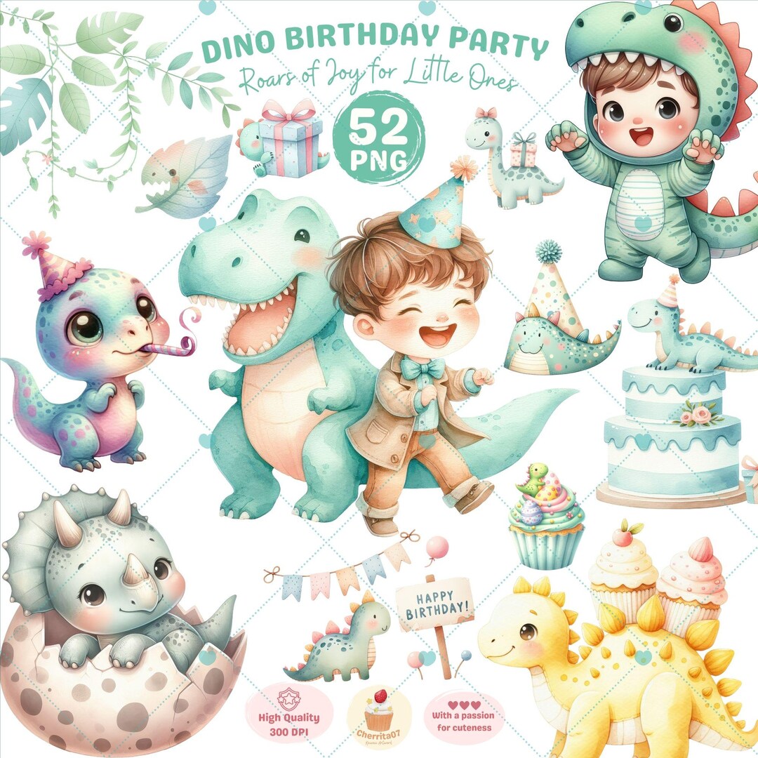 Dinosaur Birthday Clipart: T-rex Party Decorations (PNG, Commercial Use ...