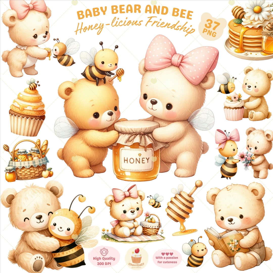 Baby Bear and Bee Clipart, Bee Bear PNG, Baby Bear Clipart, Honey Bee ...