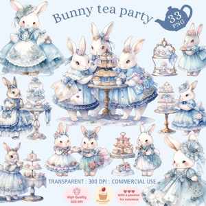 Bunny Tea Party Clipart, Spring Bunnies, Watercolor Easter Rabbit PNG ...