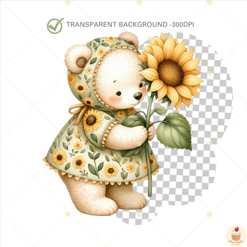 Sunflower Baby Bear Clipart, Mama Bear PNG, Cute Teddy Bear, Spring ...