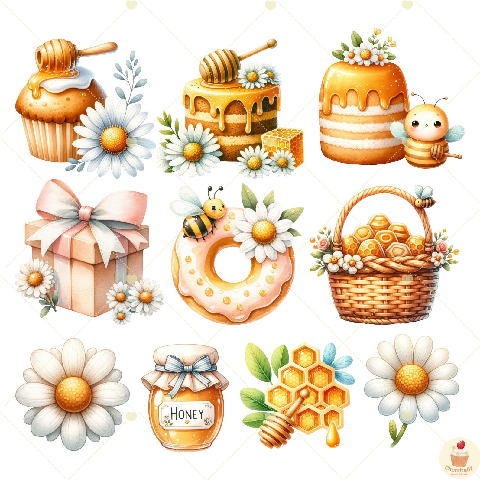 Honey Bee Clipart, Bee and Daisies PNG, Daisy Floral PNG, Watercolor ...