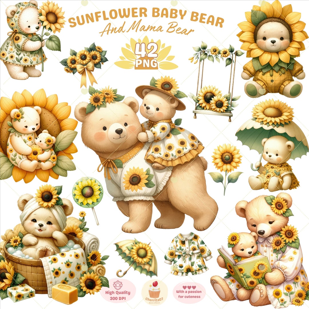 Sunflower Baby Bear Clipart, Mama Bear PNG, Cute Teddy Bear, Spring ...