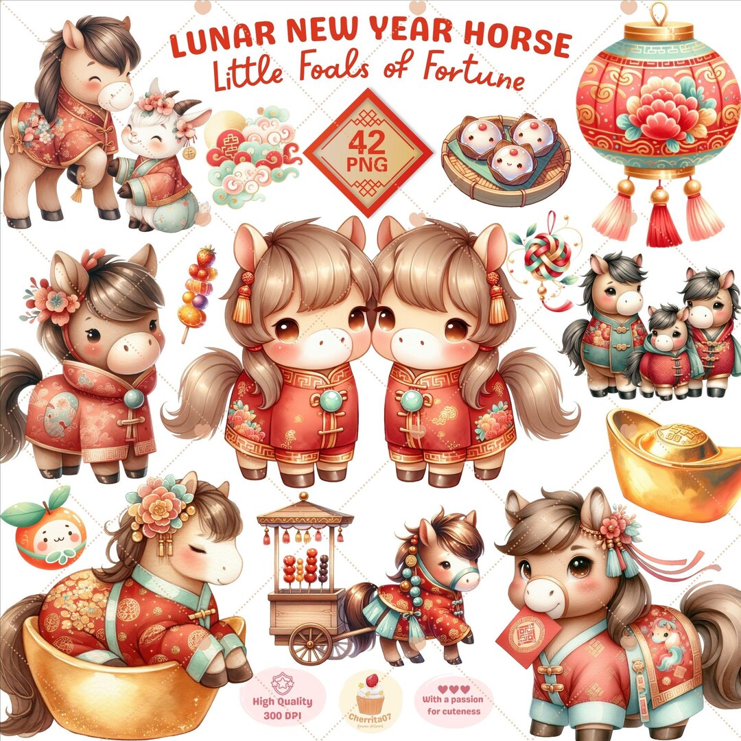 Lunar New Year Horse Clipart, Cute Chinese Zodiac Animal PNG Bundle for ...