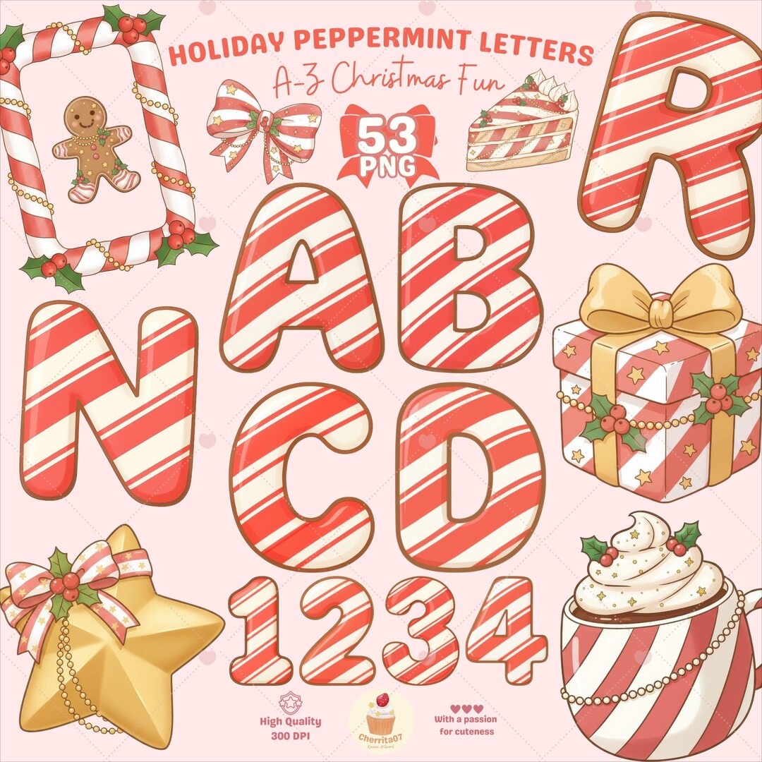 Candy Cane Alphabet Clipart: Christmas Letters and Numbers PNG for ...
