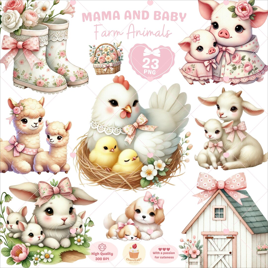 Mama and Baby Farm Animals Clipart: Cottagecore PNG (commercial Use) - Etsy