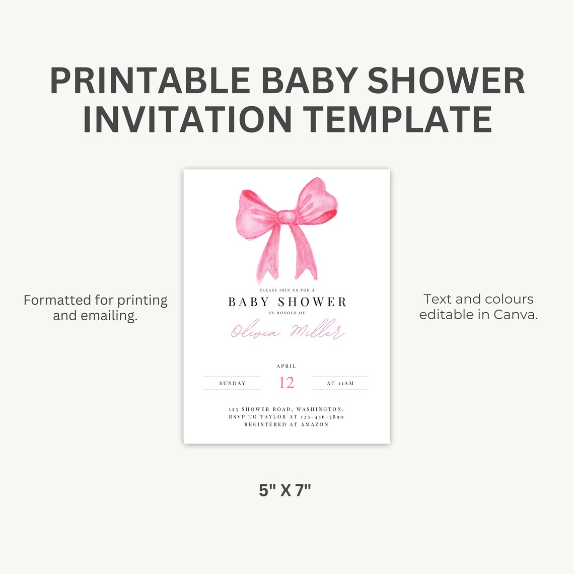 Editable Pink Bow Baby Shower Invitation Template Baby Shower Canva ...