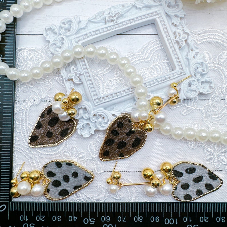 Gray/brown Leopard Fabric Heart Drop Earrings With Pearls & CCB Beads ...