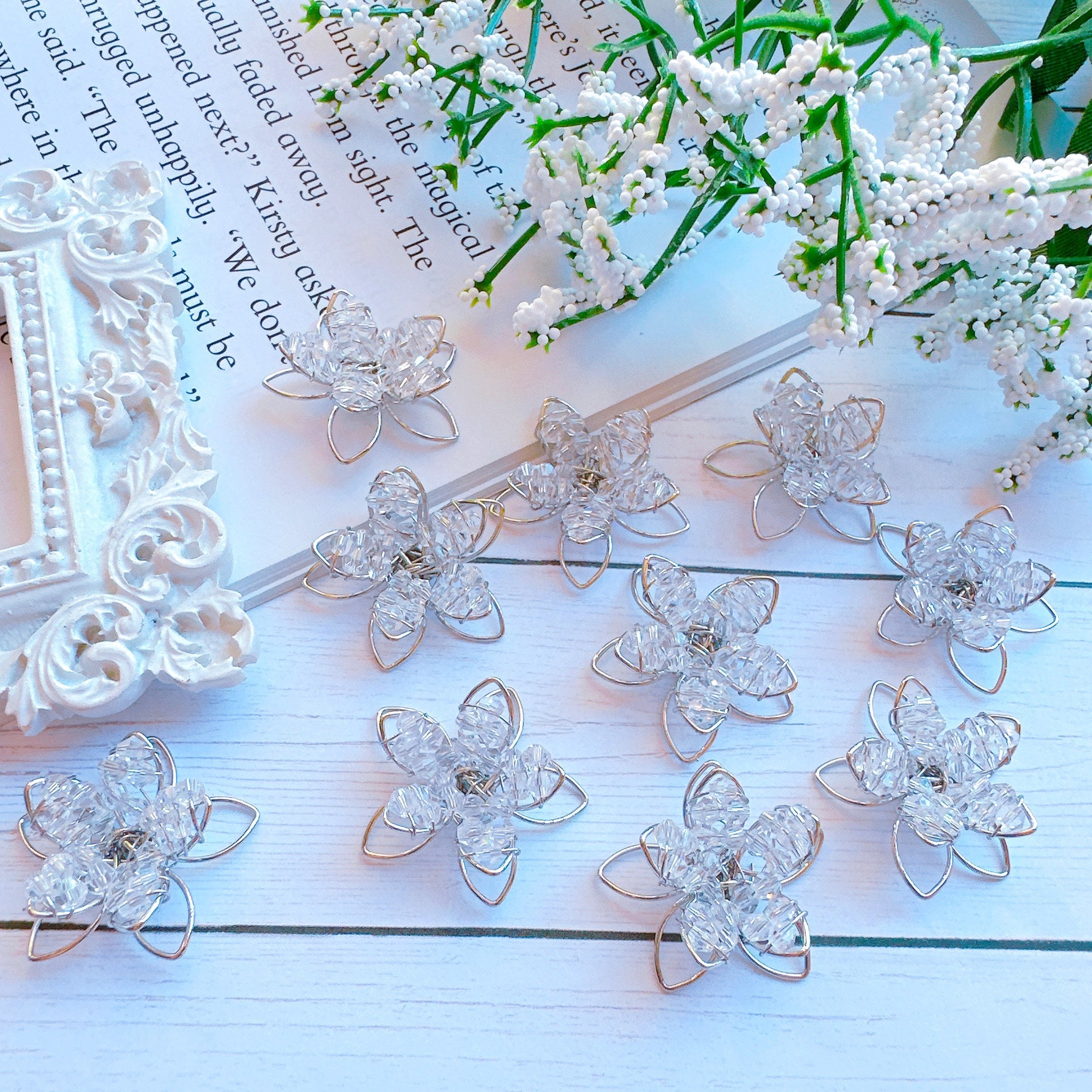 25mm Dainty Metal Wire Silver Flower With Clear Beads 3D Multiple ...