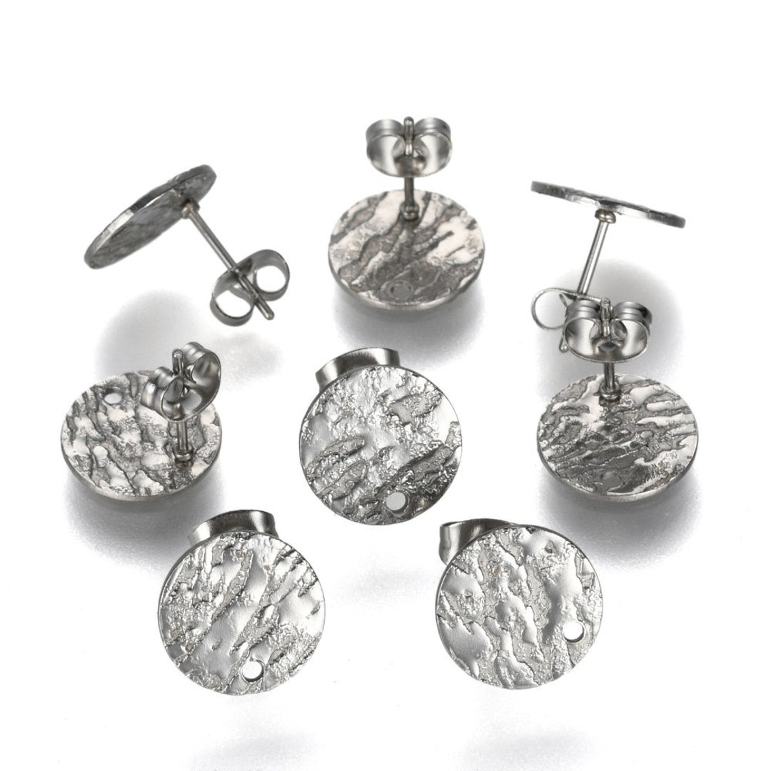 1 Pair Silver Stainless Steel Embossed Stud Earring Post With Ear Nuts ...