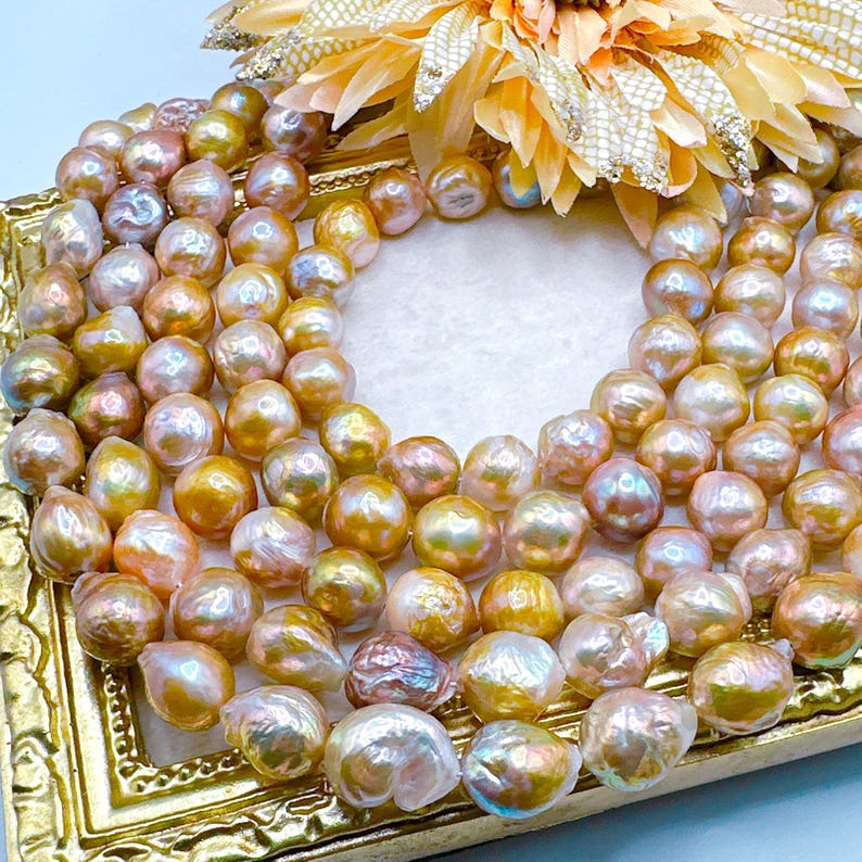 10–12mm Natural Baroque Freshwater Pearl Strand – Metallic Gold ...