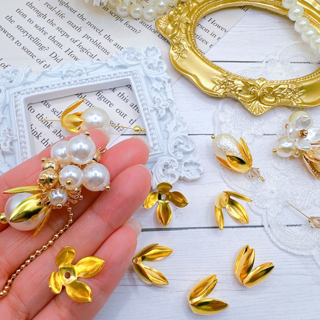 10pcs 4 Petal Gold Color Iron Flower Bead Caps, Bendable Pearl Caps ...