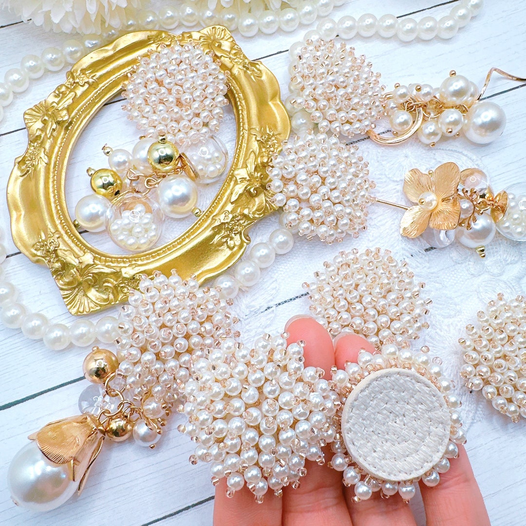 2 Pcs Ivory Pearl Beaded Embellishment Sew-on Fabric Base Pad, 3D ...