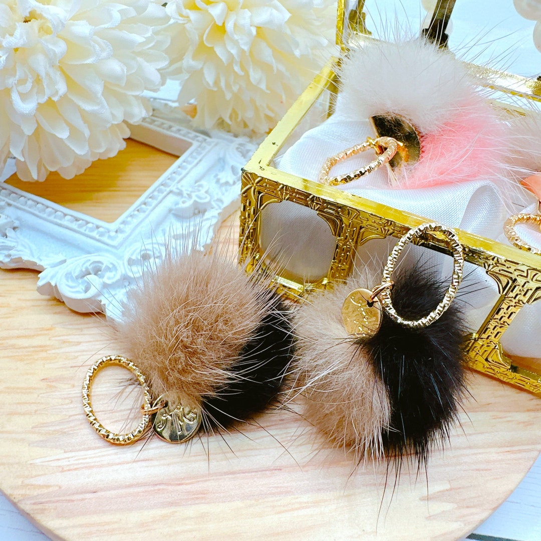 Faux Fur Plush Pom Pom Charm With Gold Oval Designed Ring, Handmade Tag ...
