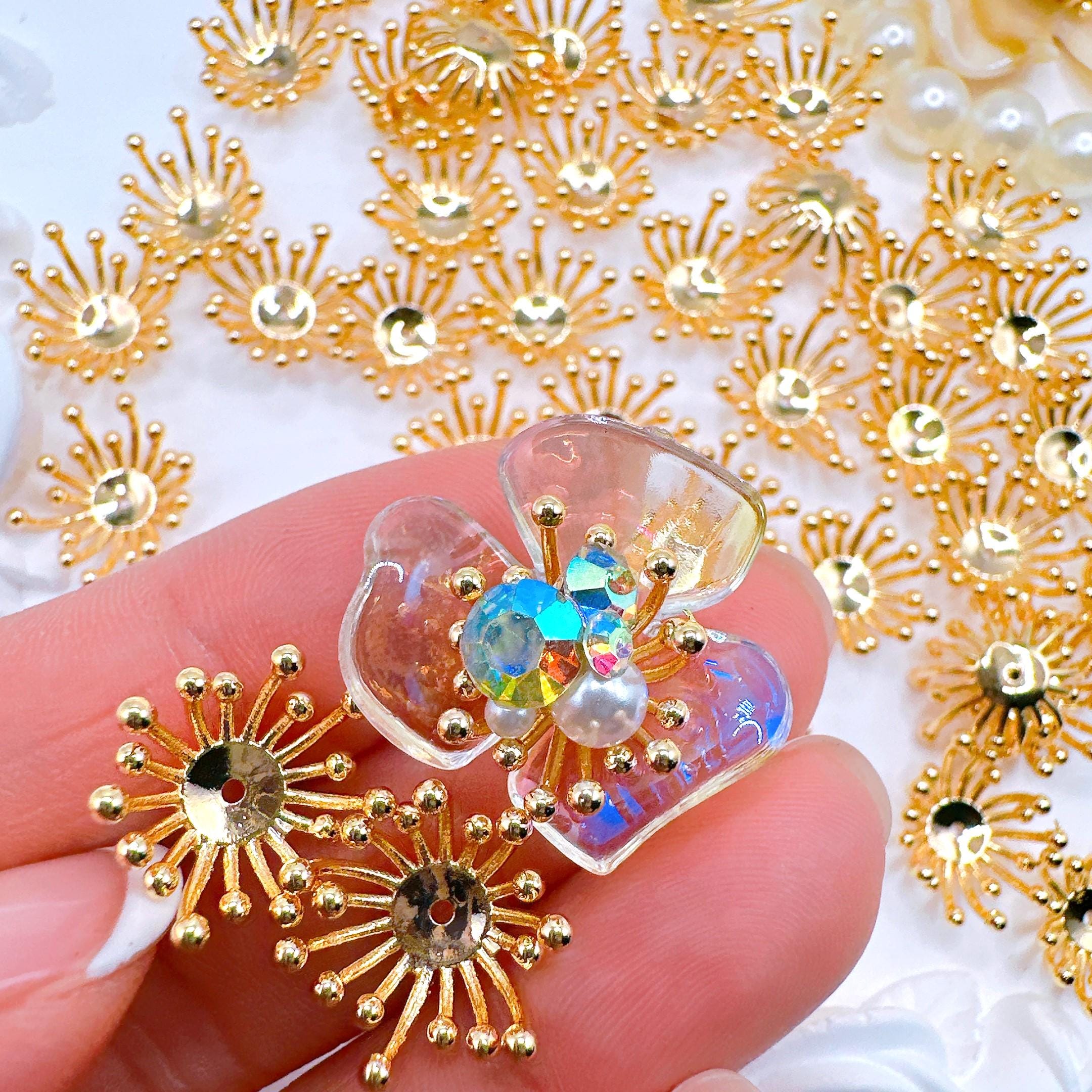 2/5/10/20 Pcs 18K Gold Plated Brass Flower Base Caps With Multi-petal ...