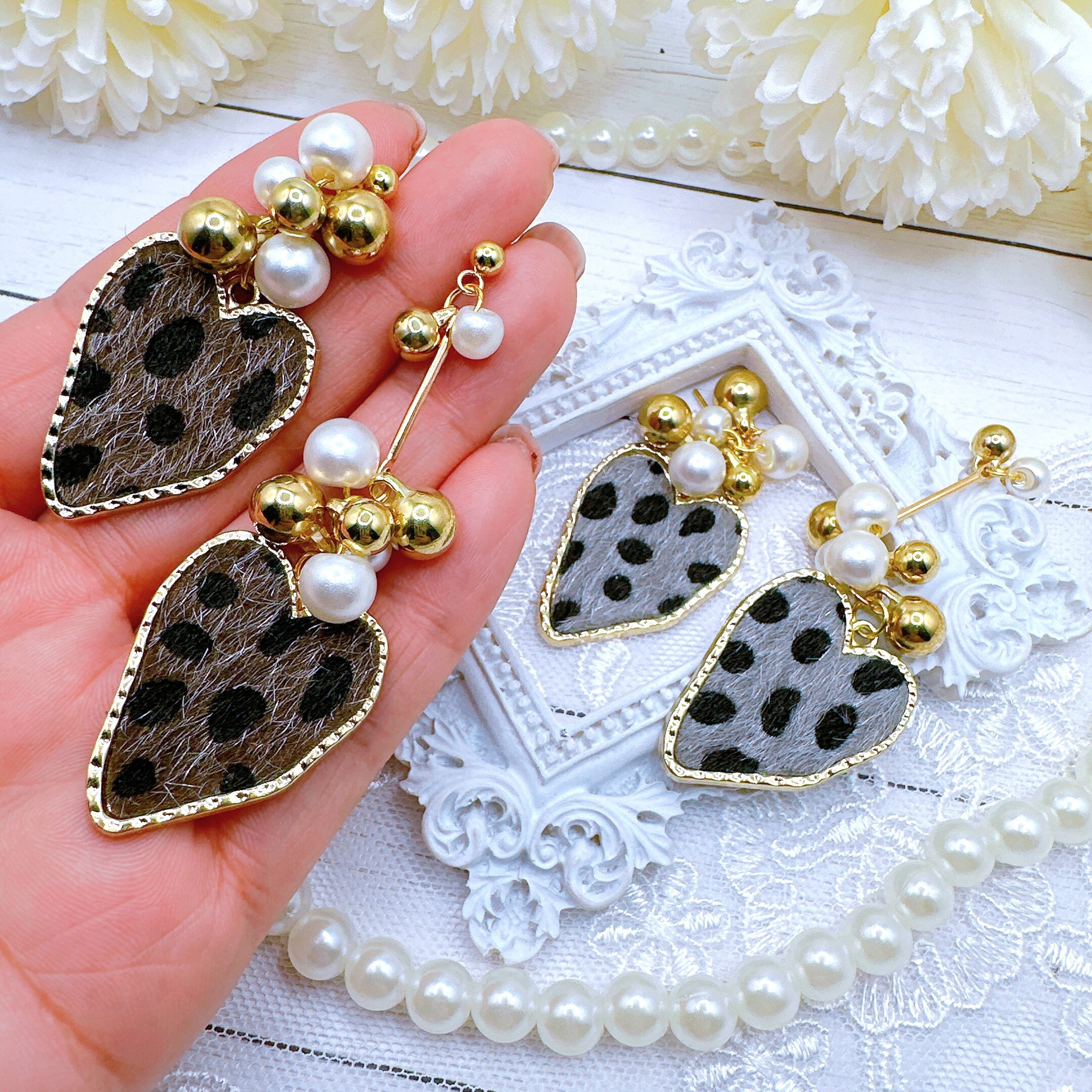 Gray/brown Leopard Fabric Heart Drop Earrings With Pearls & CCB Beads ...