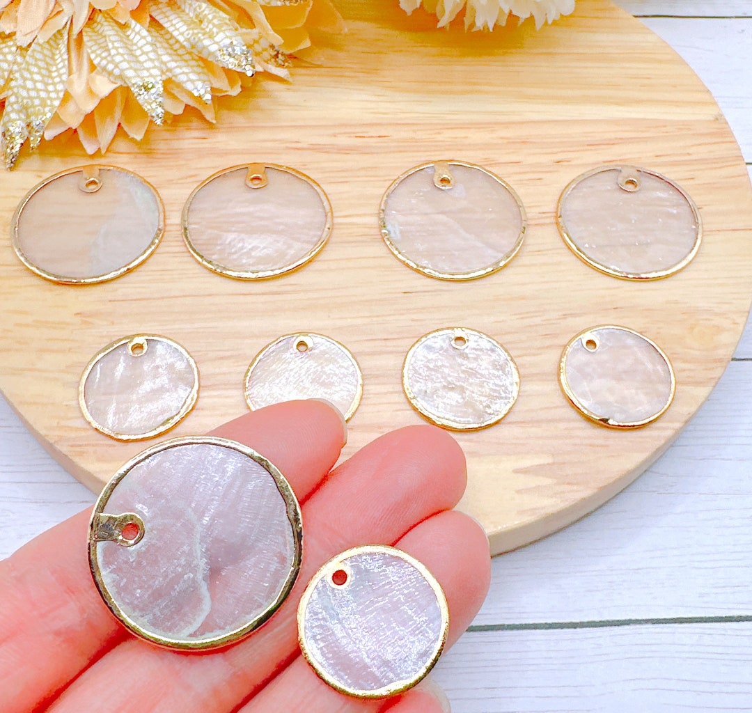 6pcs Natural Capiz Shell Charms 25mm/18mm, Round Disc Brass Frame, DIY ...