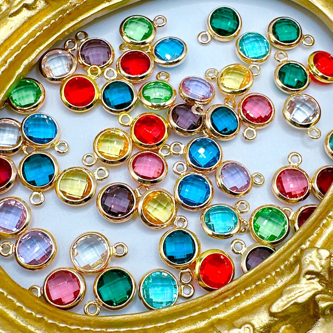 2pcs/4pcs Gold Birthstone Glass Charms, 9x6.8mm Faceted Round Pendant ...