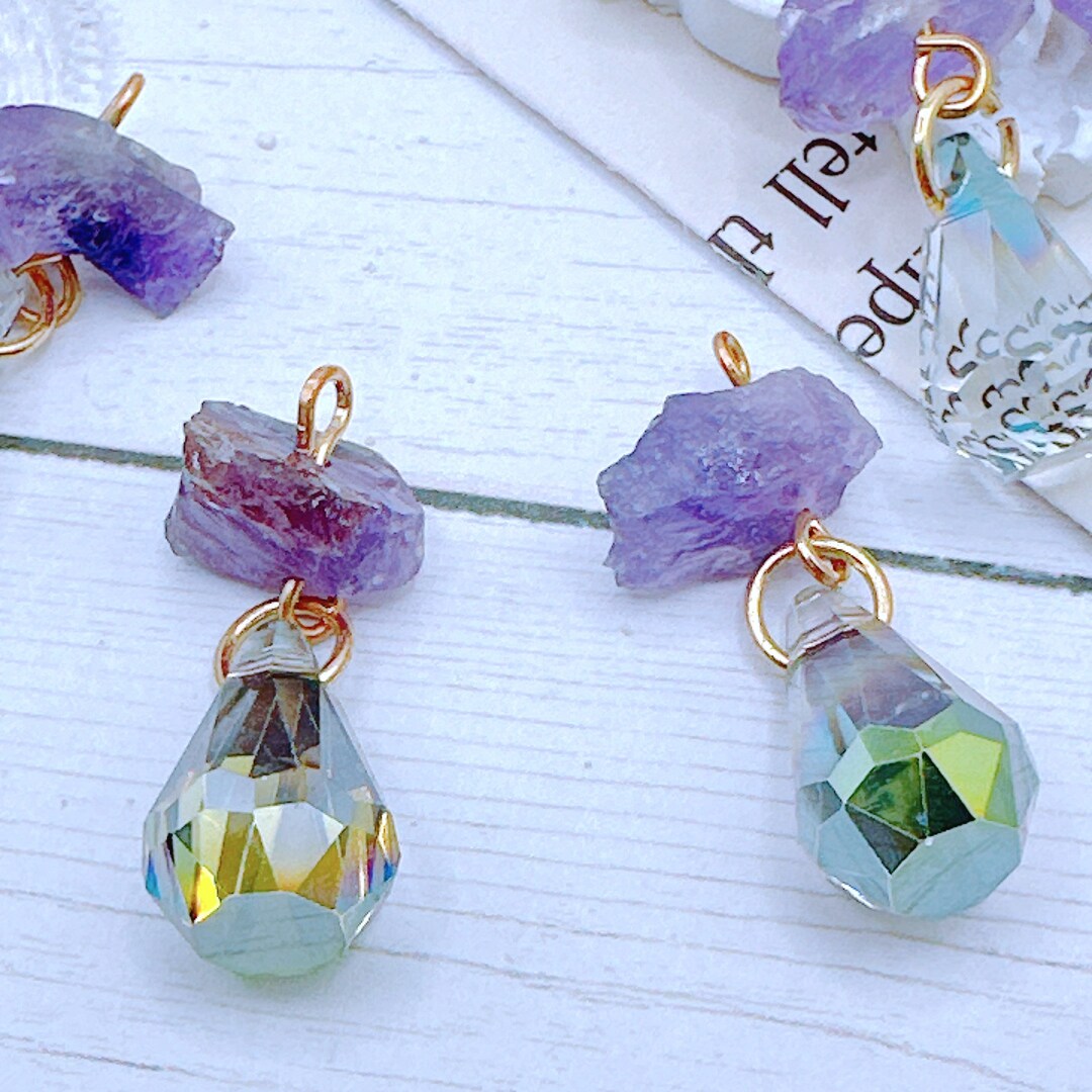 2pcs Unpolished Raw Amethyst and Faceted Teardrop Glass Beads Dangle ...