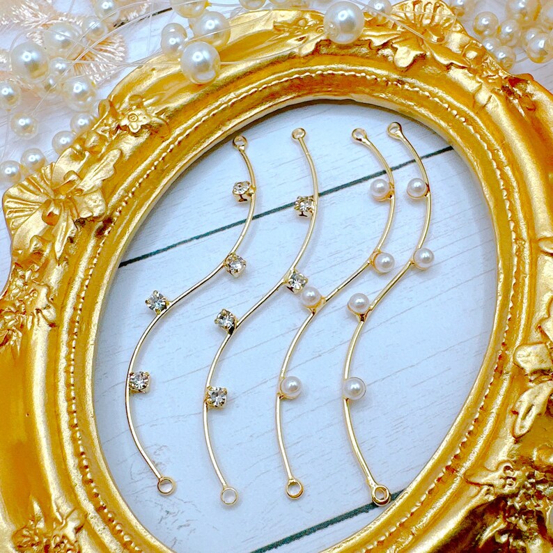 4pcs Pearls/rhinestones Wavy Curved Twisted Metal Stick Connectors With ...