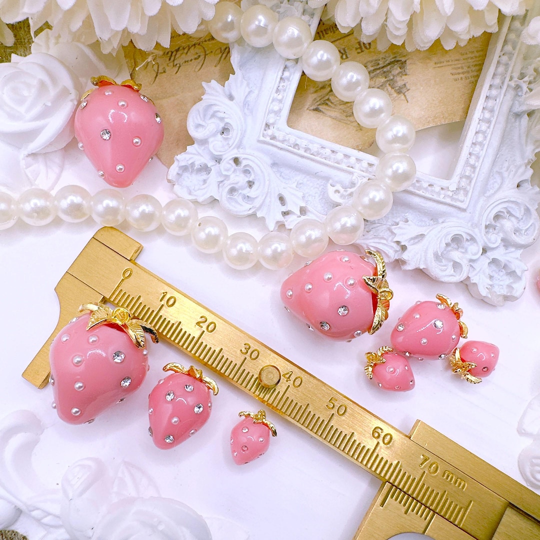 Pink Cute Resin Strawberry Pendants With Peal & Rhinestone Dots 8x11mm ...