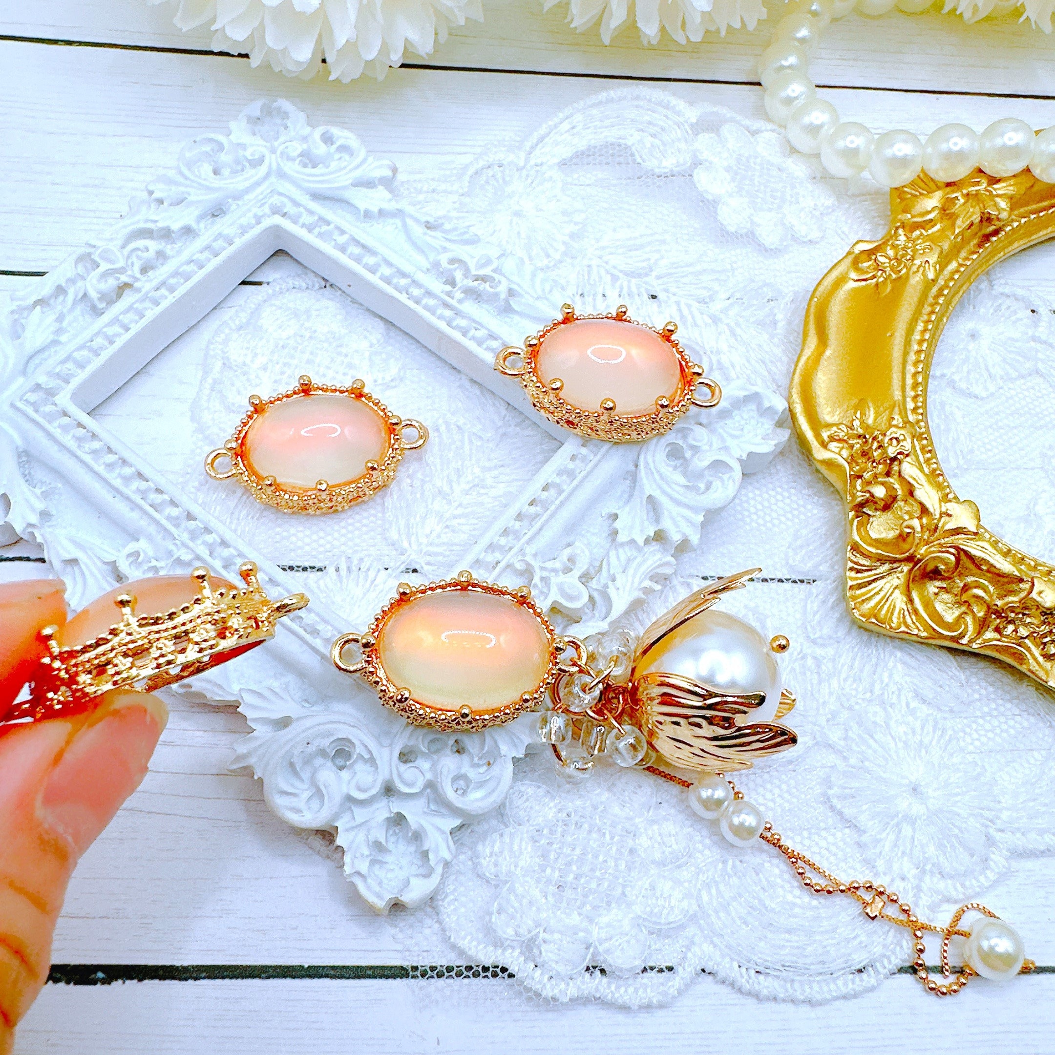 Oval Connector With Gold Tone Alloy Frame With 2 Loops, Opal Moonstone ...