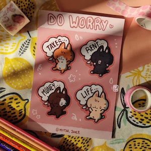 Do Worry Cats Stickers Sheet - Cute Cat Sticker Sheet, Kawaii Cats ...