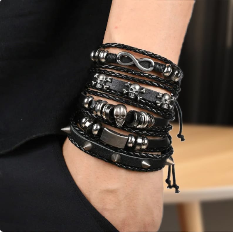 Spiked Leather Bracelet Set 5 Black Wristbands for Men and Women Punk ...
