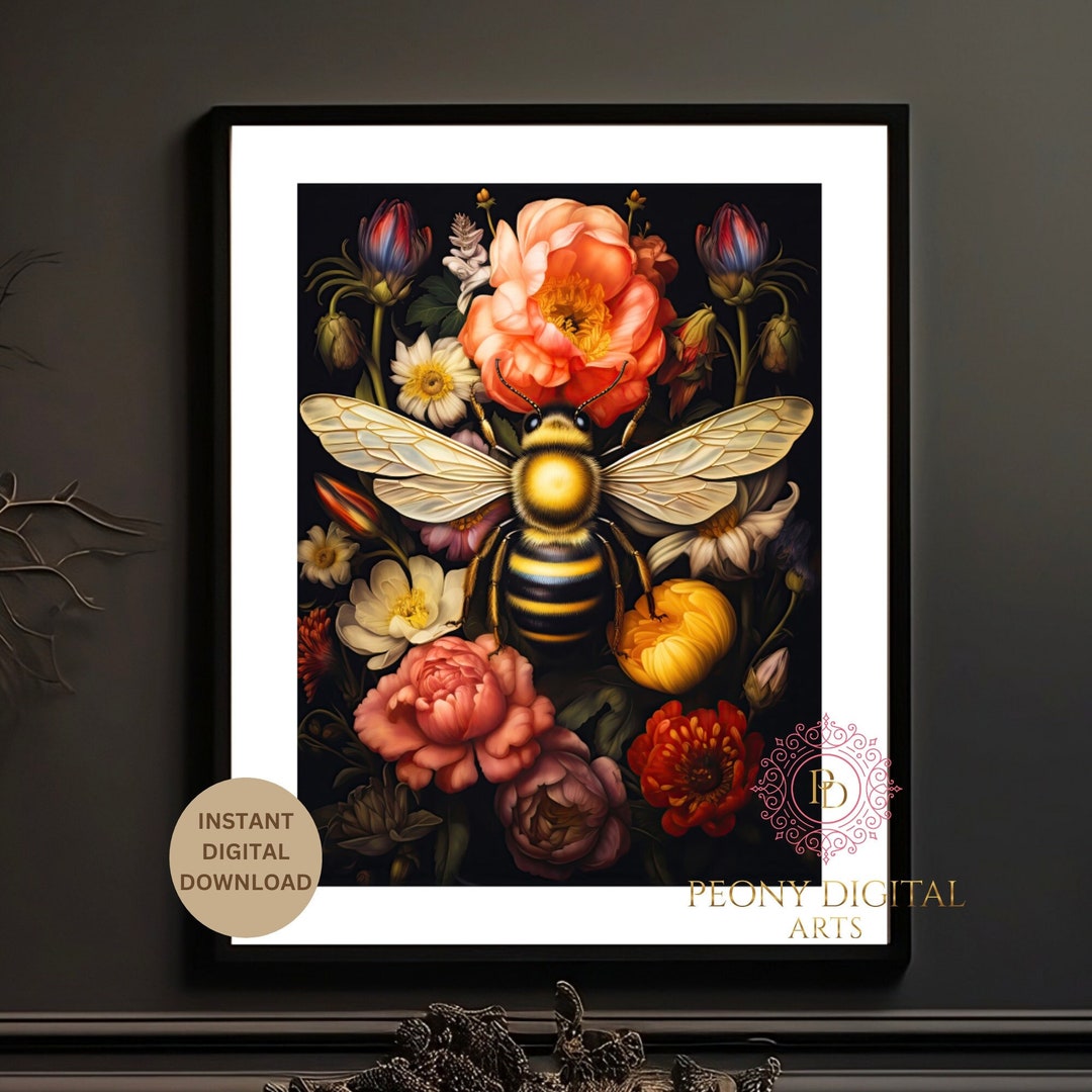 Cottagecore Bee and Flowers Printable Wall Art Dark - Etsy