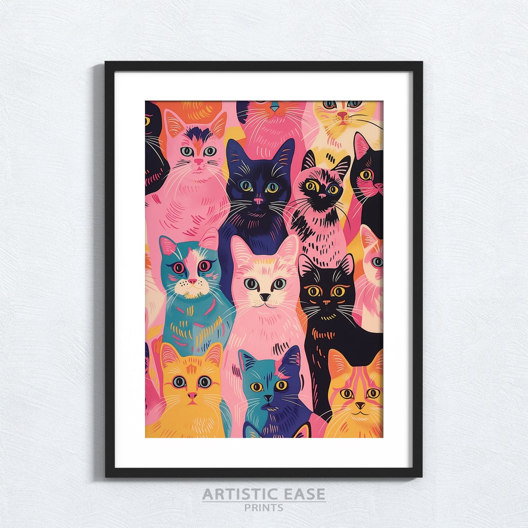 Preppy Cat Poster, Maximalist Wall Art for Pink Kitsch Aesthetic ...