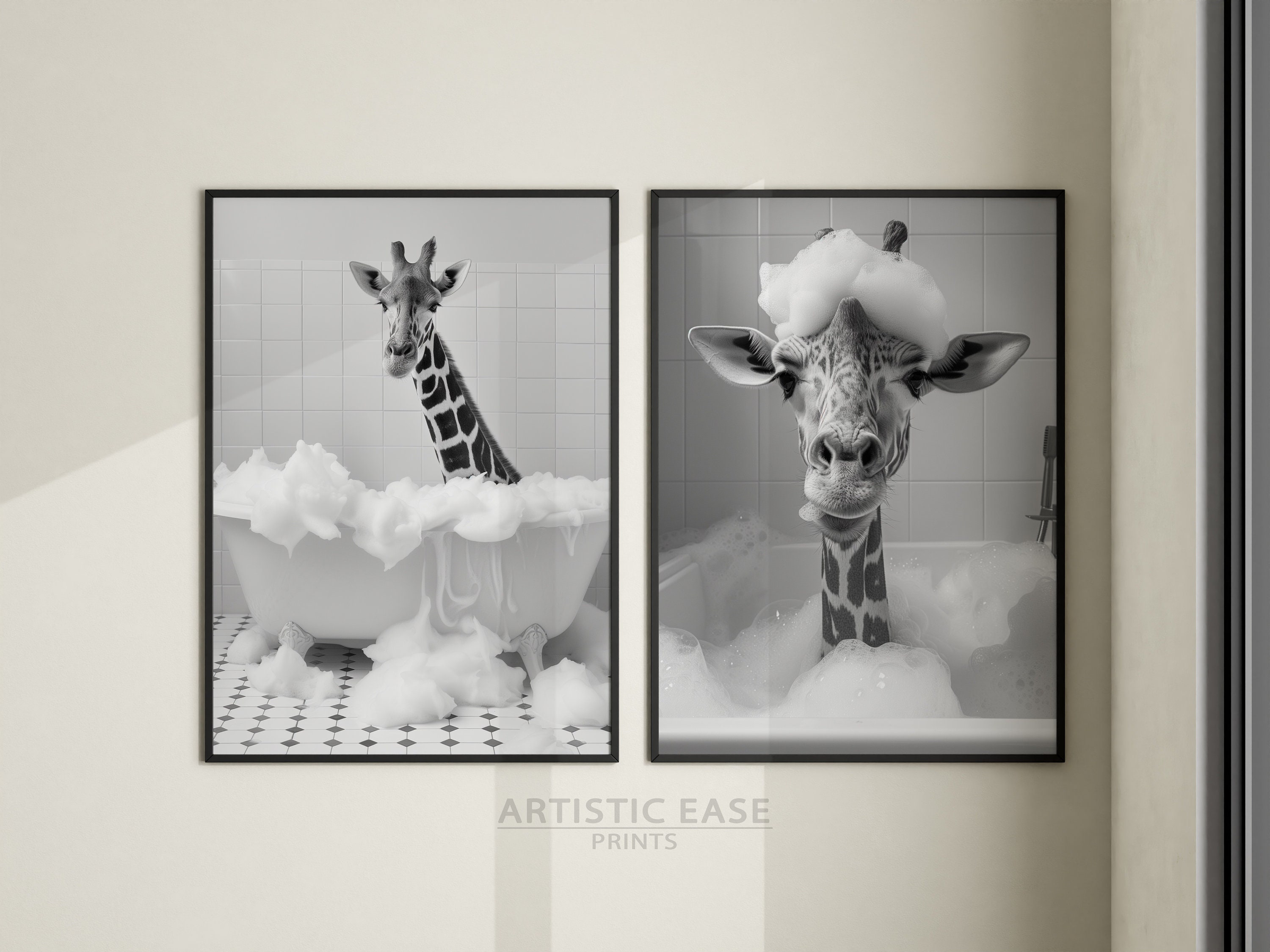 Giraffe in Tub Printable Wall Art Set, Bathroom Art Print, Giraffe in ...