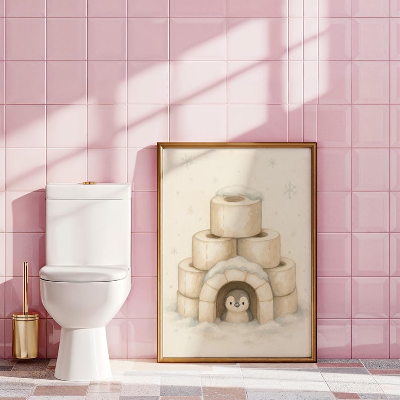 Funny Penguin Toilet Paper Igloo Wall Art, Winter Bathroom Decor, Cute ...