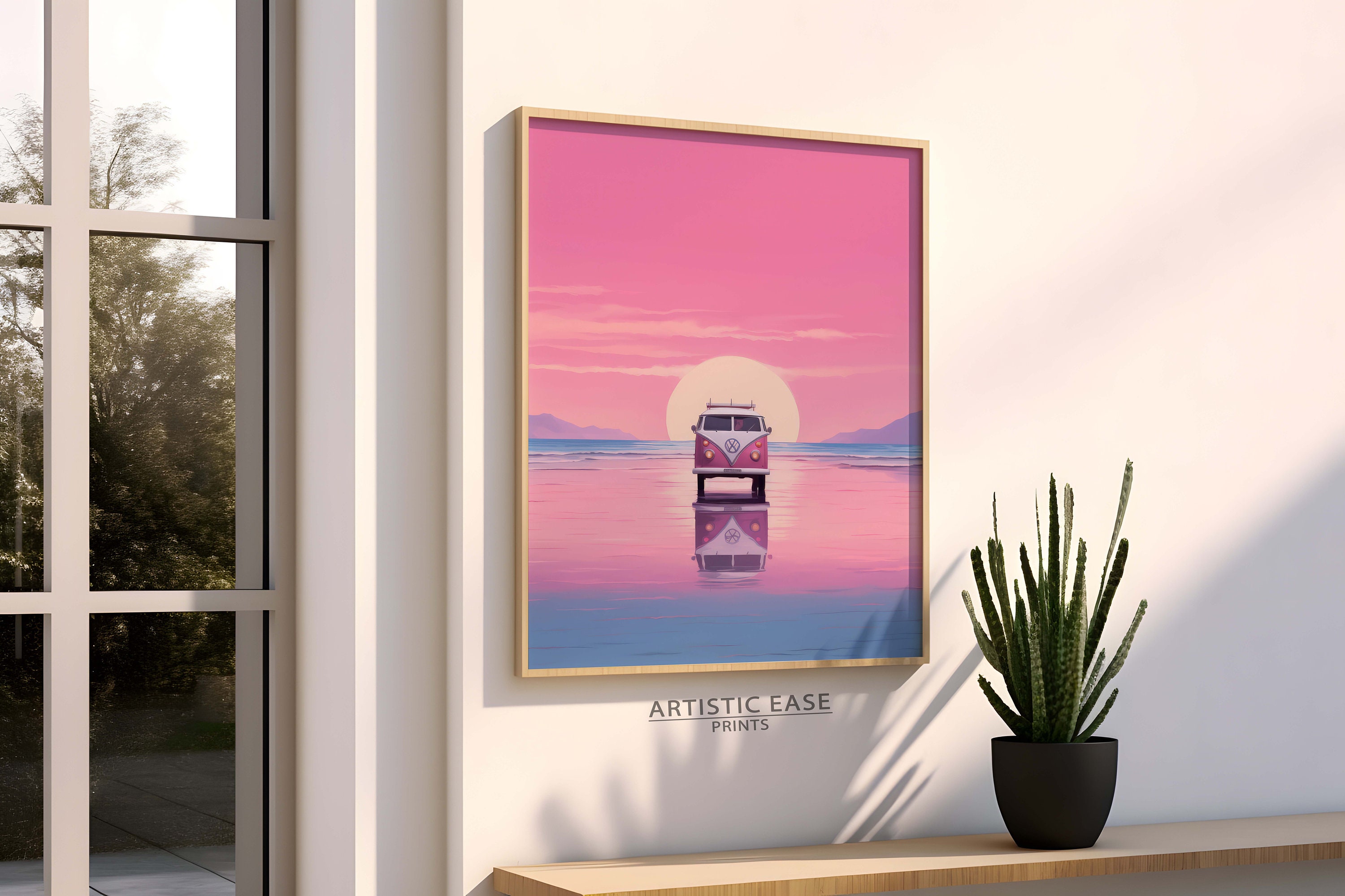 Beach Poster Art With Retro Bus, Coastal Van Wall Art Print, Boho Bus ...