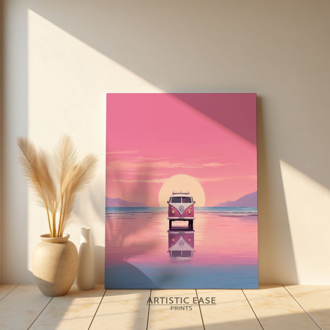 Beach Poster Art With Retro Bus, Coastal Van Wall Art Print, Boho Bus ...