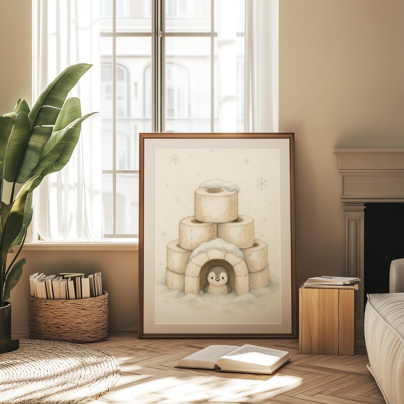 Funny Penguin Toilet Paper Igloo Wall Art, Winter Bathroom Decor, Cute ...