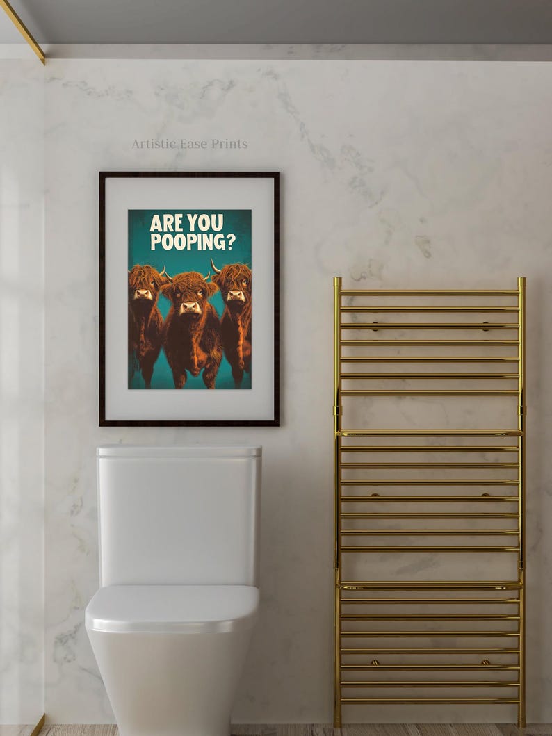 Funny Bathroom Poster Highland Cow Art Print, Humorous Toilet Artwork ...