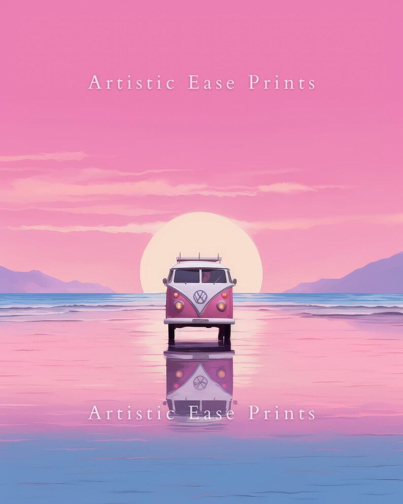 Beach Poster Art With Retro Bus, Coastal Van Wall Art Print, Boho Bus ...