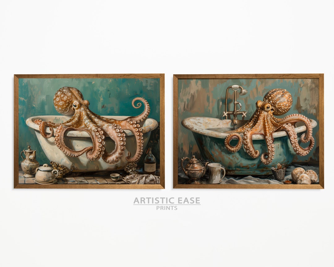 Octopus in the Bathtub Oil Painting, Funny Bathroom Decor, Animal in ...